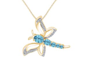 0.90 carat white natural diamond & simulated aquamarine dragonfly pendant necklace 14k yellow gold over sterling silver