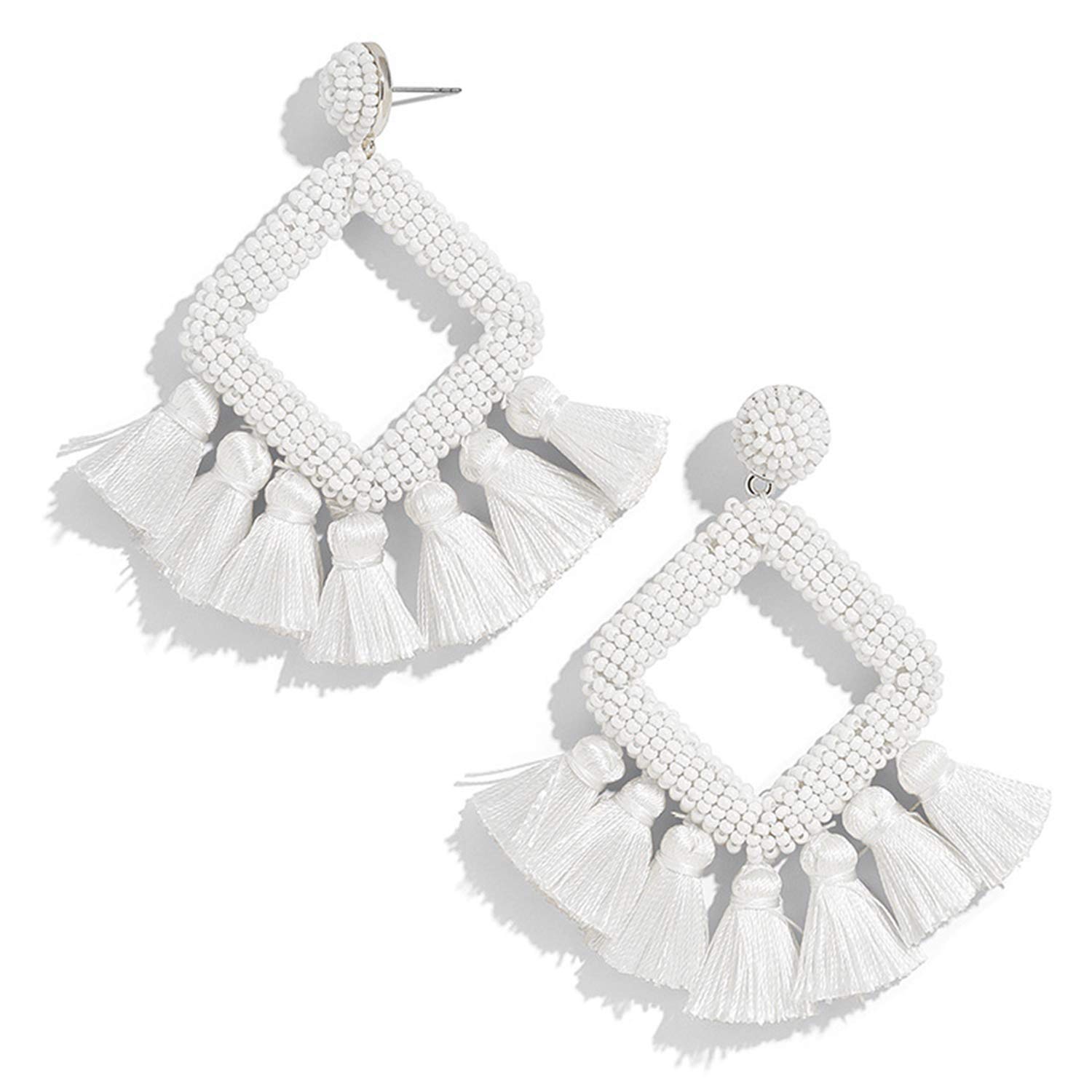 Long Tassel Earrings Statement Bohemian Pom Ball Handmade Drop Dangle Earrings for Women