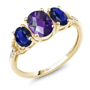 gem stone king 10k yellow gold purple amethyst and blue sapphire women diamond accent engagement ring (4.41 ct oval checkerboard) (size 5)