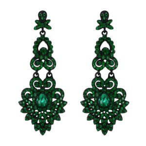 flyonce bridal crystal vintage style art deco chandelier dangle earrings for women green black-tone