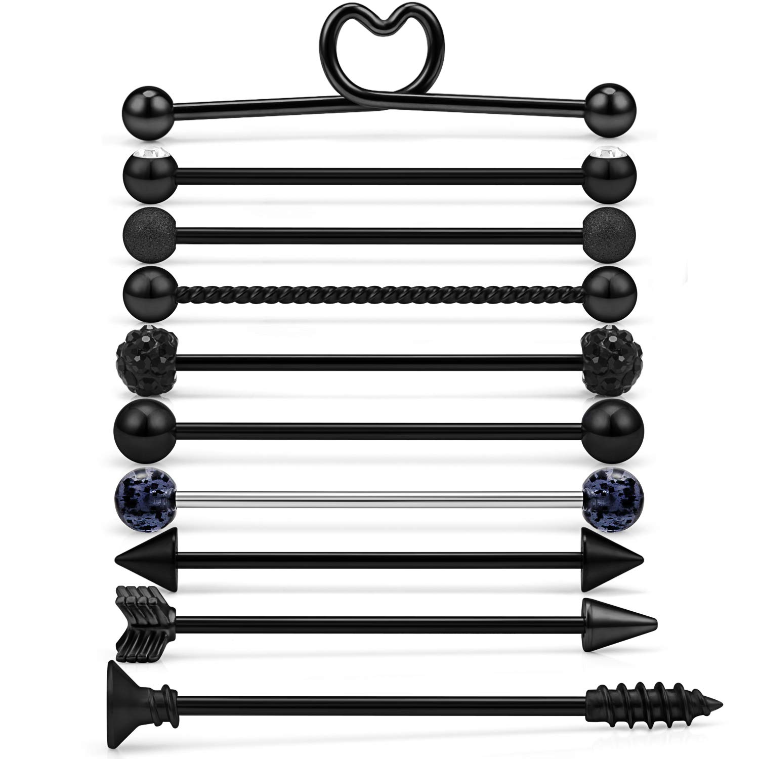 Dyknasz Industrial Bar 14G 10PCS Surgical Steel Industrial Barbell Earrings for Women Men Cartilage Helix Piercing Body Jewelry 1 1/2 Inch Clear CZ Spike Screw Heart Braided Arrow Black