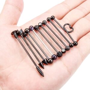 Dyknasz Industrial Bar 14G 10PCS Surgical Steel Industrial Barbell Earrings for Women Men Cartilage Helix Piercing Body Jewelry 1 1/2 Inch Clear CZ Spike Screw Heart Braided Arrow Black