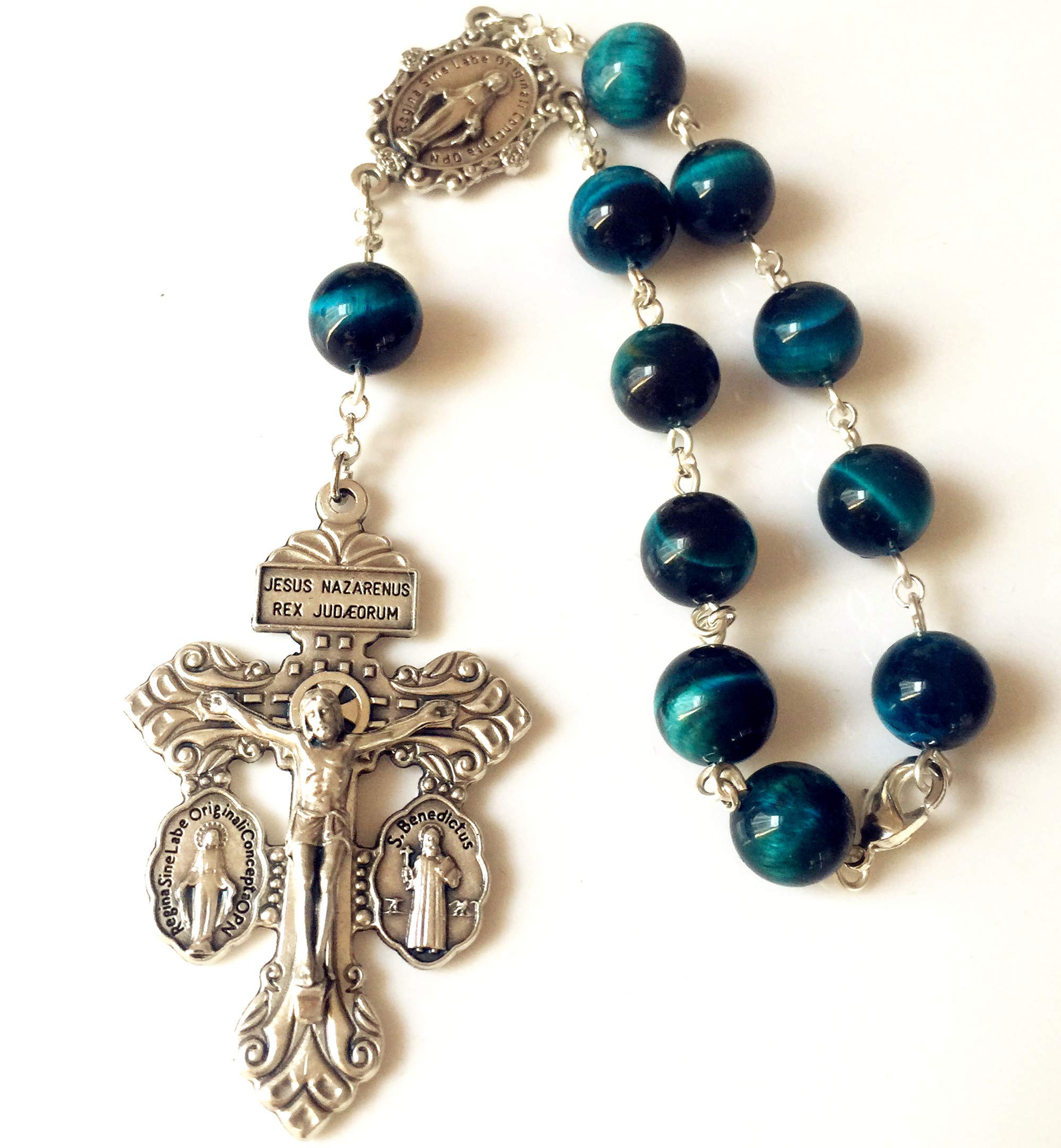 elegantmedical Handmade Peacock bule Tiger Eye Jade Beads car rosary catholic Prayer one Decade Rosary Bracelet Pardon Crucifix Cross Gift