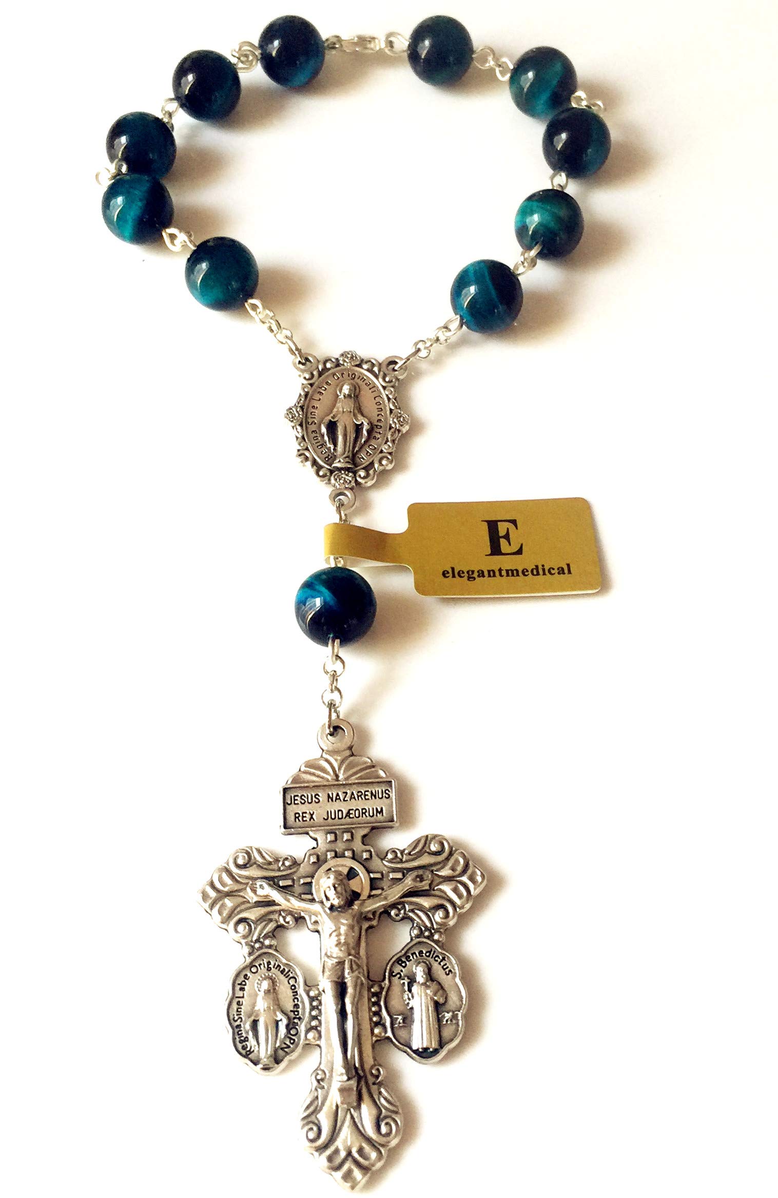 elegantmedical Handmade Peacock bule Tiger Eye Jade Beads car rosary catholic Prayer one Decade Rosary Bracelet Pardon Crucifix Cross Gift