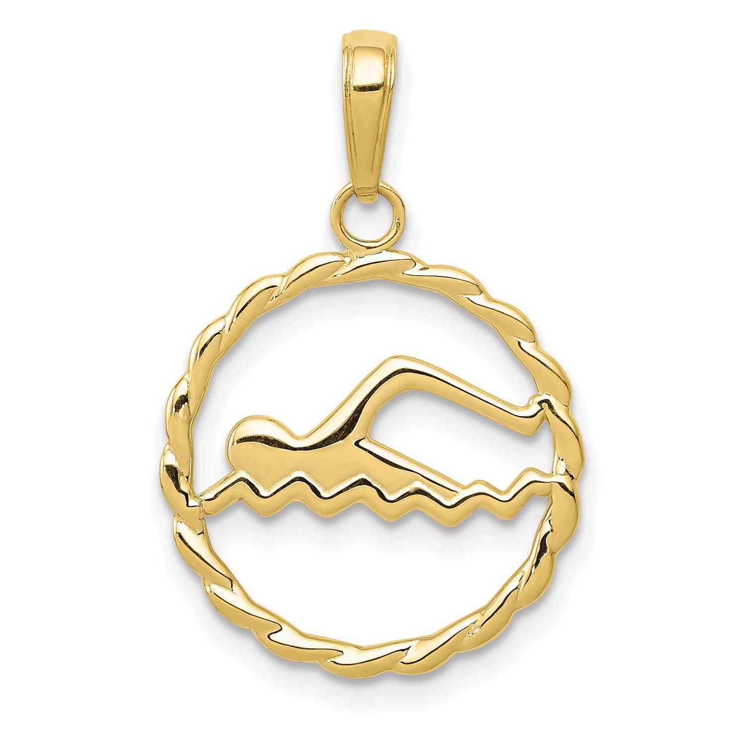 Jewelry Stores Network 10k Yellow Gold Swimmer Inside Open Round Textured Pendant 20 mm x 17 mm