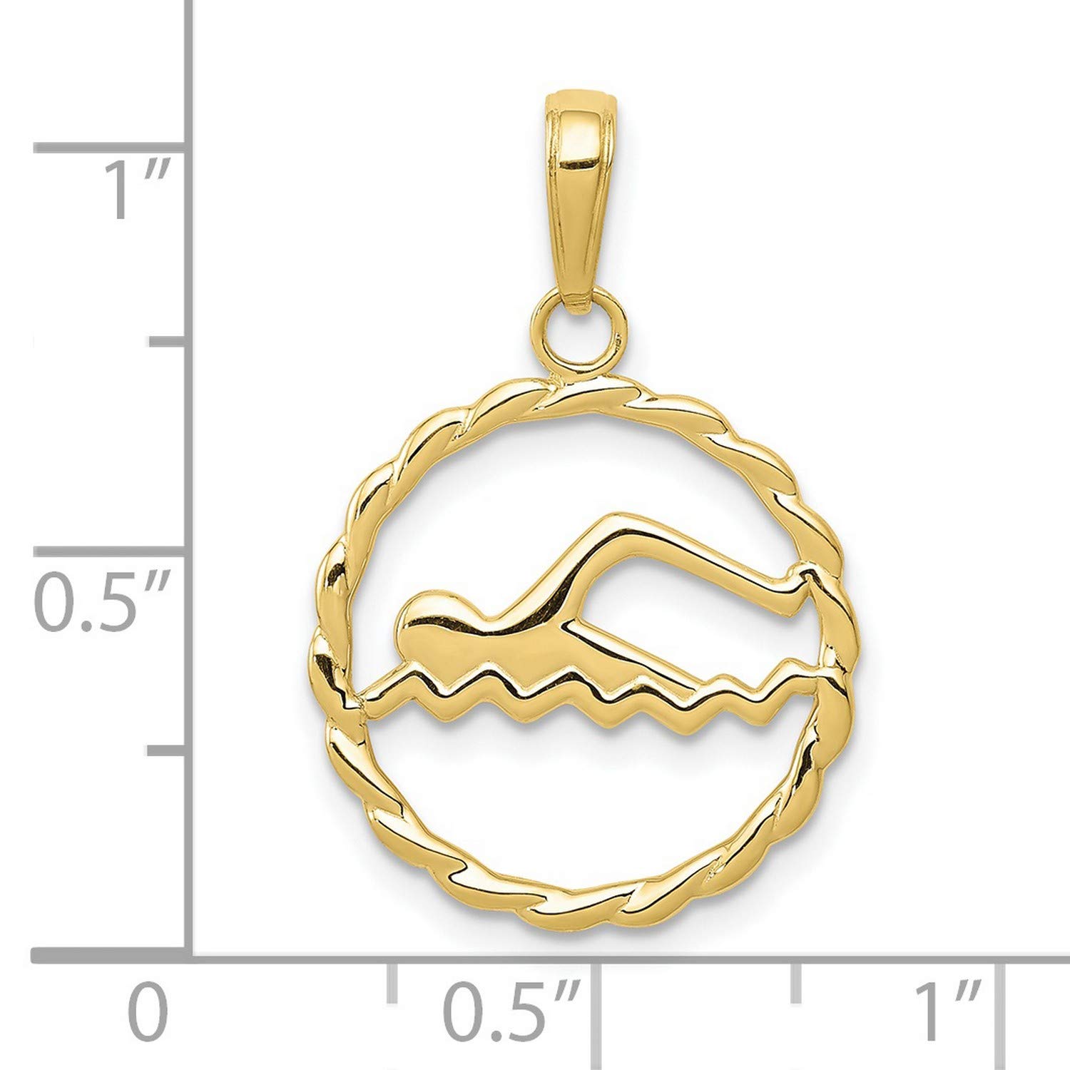 Jewelry Stores Network 10k Yellow Gold Swimmer Inside Open Round Textured Pendant 20 mm x 17 mm