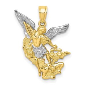 saint michael vanquishing satan pendant in real 10k two-tone yellow gold 23x18mm