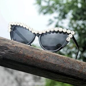 mincl/ Bling Sunglasses Crystal Rhinestone Shades Retro Half Rim Women Cat Eyewear (black)