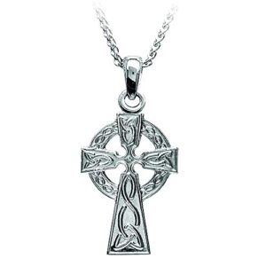 biddy murphy celtic cross necklace for women, 925 sterling silver, small traditional irish crucifix pendant 1/2" wide x 3/4" tall with rolo chain, made in ireland