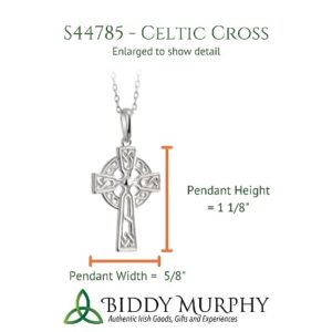 Biddy Murphy Celtic Cross Necklace for Women, 925 Sterling Silver, Small Traditional Irish Crucifix Pendant 1/2" Wide x 3/4" Tall with Rolo Chain, Made in Ireland