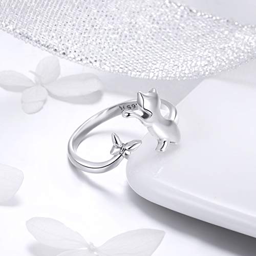 Kokoma Cute Cat Animal Open Statement Ring Sterling Silver 925 Adjustable Expandable Wrap Kitty Knuckle Band Rings Stacking Finger Bands Fashion Jewelry