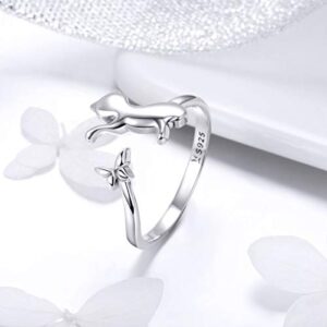 Kokoma Cute Cat Animal Open Statement Ring Sterling Silver 925 Adjustable Expandable Wrap Kitty Knuckle Band Rings Stacking Finger Bands Fashion Jewelry