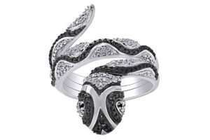 14k white gold over sterling silver black natural diamond accent snake ring for women ring size-7 (0.01 carat, color - black, clarity i2-i3)