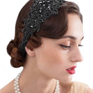 SWEETV Black Rhinestone Flapper Headband-Elastic 1920s Headpiece, Great Gatsby Hair Accessories for Women