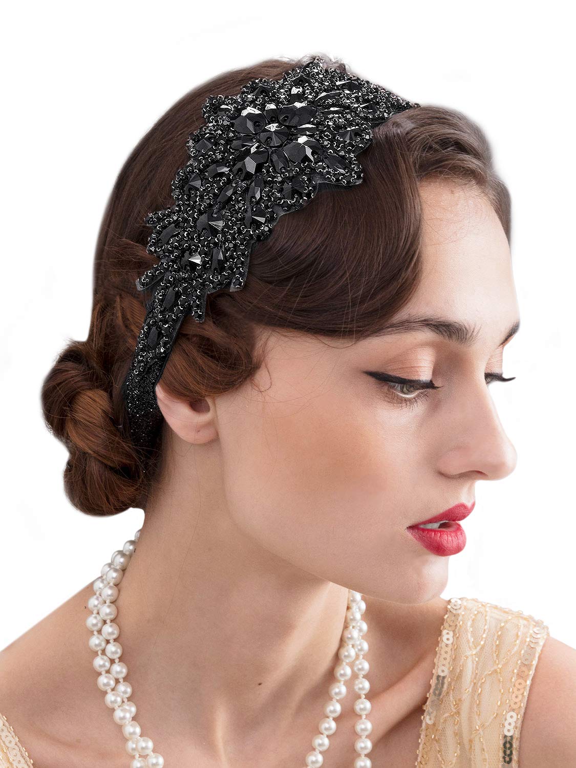 SWEETV Black Rhinestone Flapper Headband-Elastic 1920s Headpiece, Great Gatsby Hair Accessories for Women