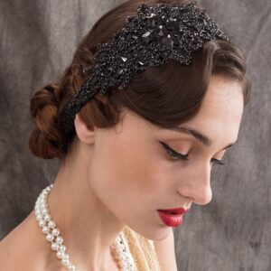 SWEETV Black Rhinestone Flapper Headband-Elastic 1920s Headpiece, Great Gatsby Hair Accessories for Women