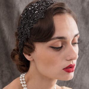 SWEETV Black Rhinestone Flapper Headband-Elastic 1920s Headpiece, Great Gatsby Hair Accessories for Women