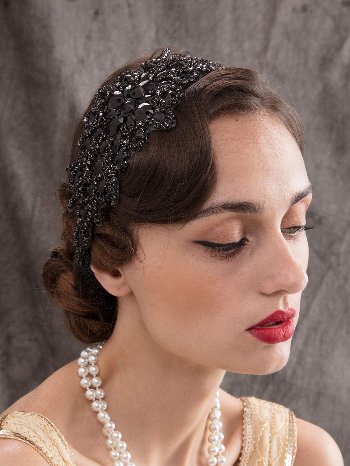 SWEETV Black Rhinestone Flapper Headband-Elastic 1920s Headpiece, Great Gatsby Hair Accessories for Women