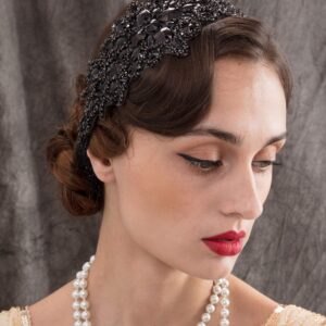 SWEETV Black Rhinestone Flapper Headband-Elastic 1920s Headpiece, Great Gatsby Hair Accessories for Women