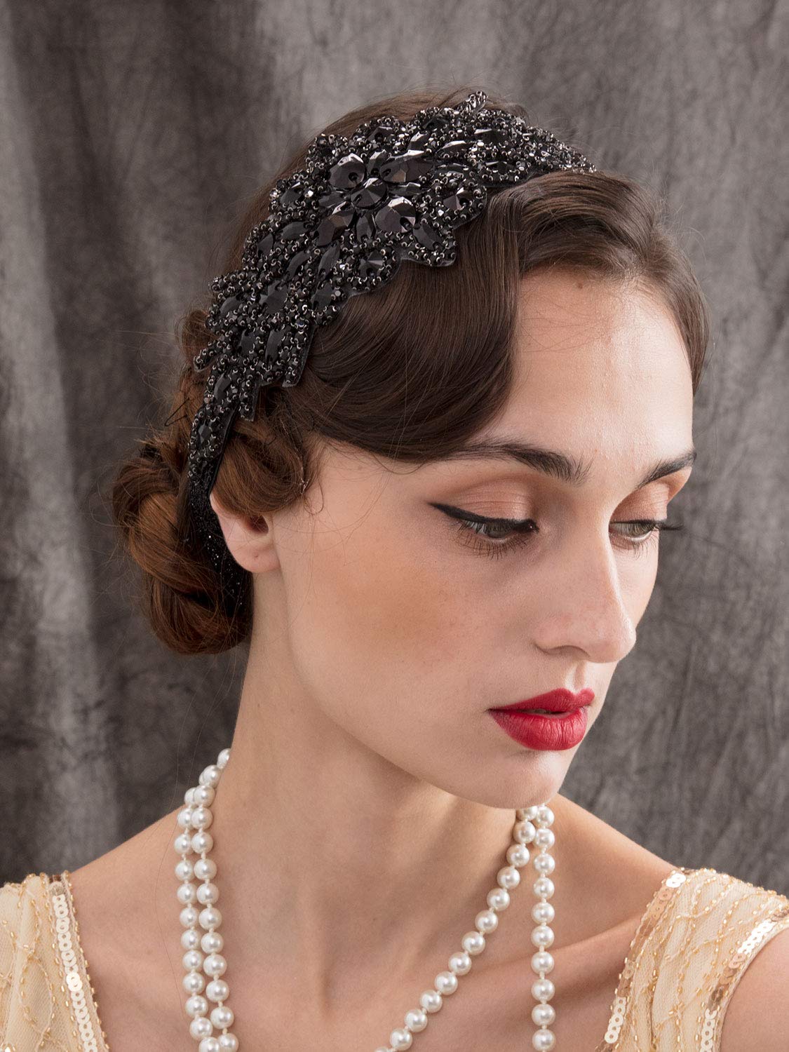 SWEETV Black Rhinestone Flapper Headband-Elastic 1920s Headpiece, Great Gatsby Hair Accessories for Women