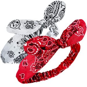 2 pieces bandana headband for women, knot retro print headbands paisley print headband headwrap adjustable headwrap(red, white)