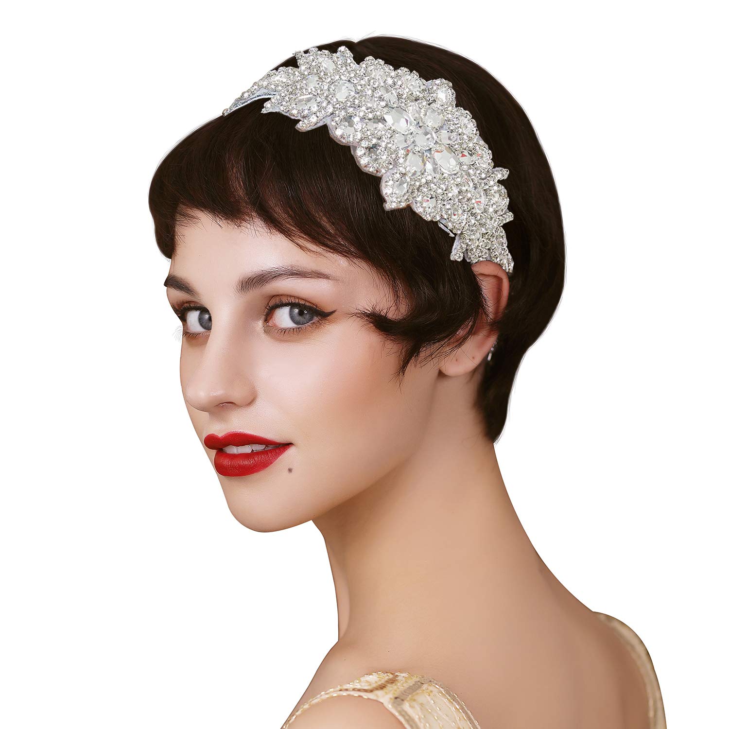 SWEETV Rhinestone Flapper Headband-Elastic 1920s Headpiece, Great Gatsby Hair Accessories for Women