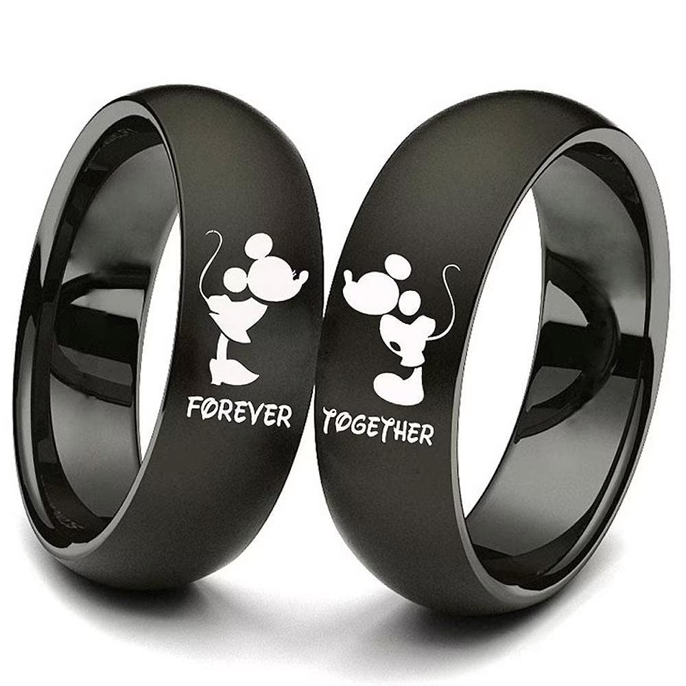 XAHH His and Hers Matching Set Couple Titanium Steel Rings Mouse Kiss Forever Together Promise Wedding Band Black Women Size 7