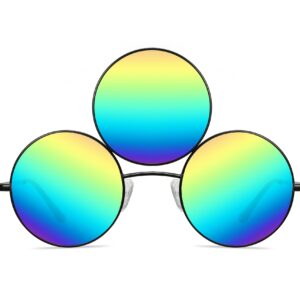 Trippy Lights Third Eye Sunglasses Rainbow Multi Colored Mirrored Reflective Lens with Stylish Black Frames Rave Festival UV400 Sunglasses