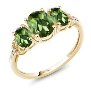 gem stone king 10k yellow gold oval green tourmaline and diamond 3 stone engagement ring for women (1.72 cttw, available in size 5, 6, 7, 8, 9)