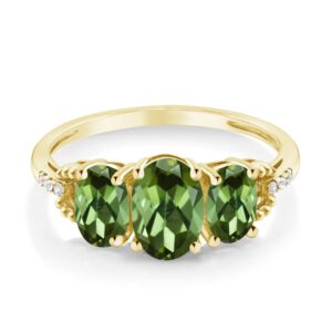 Gem Stone King 10K Yellow Gold Oval Green Tourmaline and Diamond 3 Stone Engagement Ring For Women (1.72 Cttw, Available In Size 5, 6, 7, 8, 9)