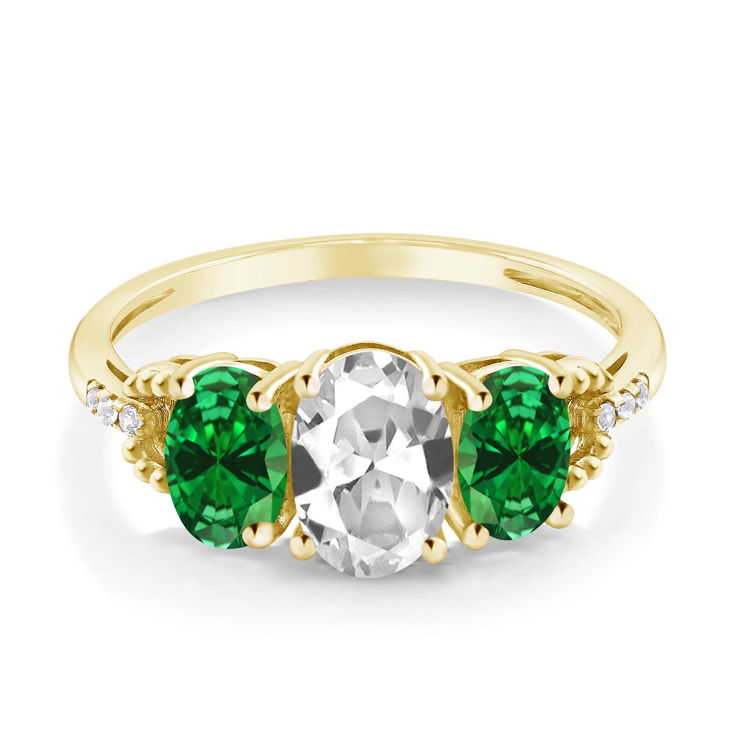 Gem Stone King 10K Yellow Gold Oval White Created Sapphire Green Simulated Emerald and Diamond 3-Stone Engagement Ring For Women (1.72 Cttw, Available In Size 5, 6, 7, 8, 9)