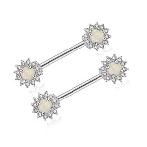 gabry&jwl 2pcs nipple rings 14g 316l surgical stainless steel nipple barbell opal center cluster round cut clear cz filigree nipplerings body piercing jewelry for women