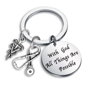 bekech veterinarian gift veterinary technician gift with god all things are possible keychain with caduceus stethoscope charm vet tech jewelry animal rescue gift (silver)