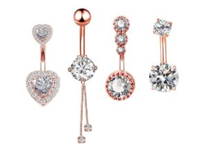 14g surgical steel belly button rings round/love heart clear cz navel curved barbell studs sexy body piercing (4pcs - rose gold)