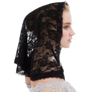 beautyflier black veil lace mantilla catholic church chapel veil head covering latin mass (black)