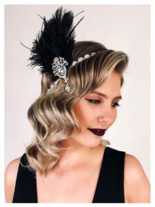 sweetv 1920s feather headpiece black, womens ostrich feather crystal headband, great gatsby hair accessories for women, ribbon tie