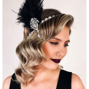 SWEETV 1920s Feather Headpiece Black, Womens Ostrich Feather Crystal Headband, Great Gatsby Hair Accessories for Women, Ribbon Tie