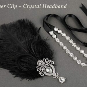 SWEETV 1920s Feather Headpiece Black, Womens Ostrich Feather Crystal Headband, Great Gatsby Hair Accessories for Women, Ribbon Tie