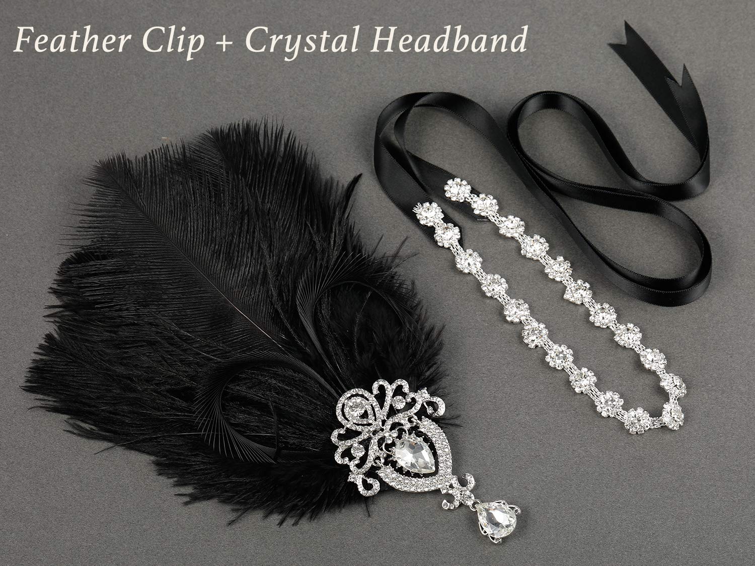 SWEETV 1920s Feather Headpiece Black, Womens Ostrich Feather Crystal Headband, Great Gatsby Hair Accessories for Women, Ribbon Tie