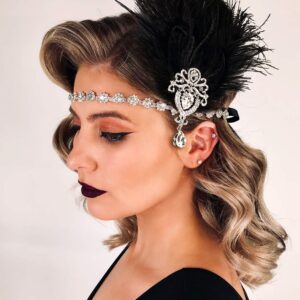 SWEETV 1920s Feather Headpiece Black, Womens Ostrich Feather Crystal Headband, Great Gatsby Hair Accessories for Women, Ribbon Tie