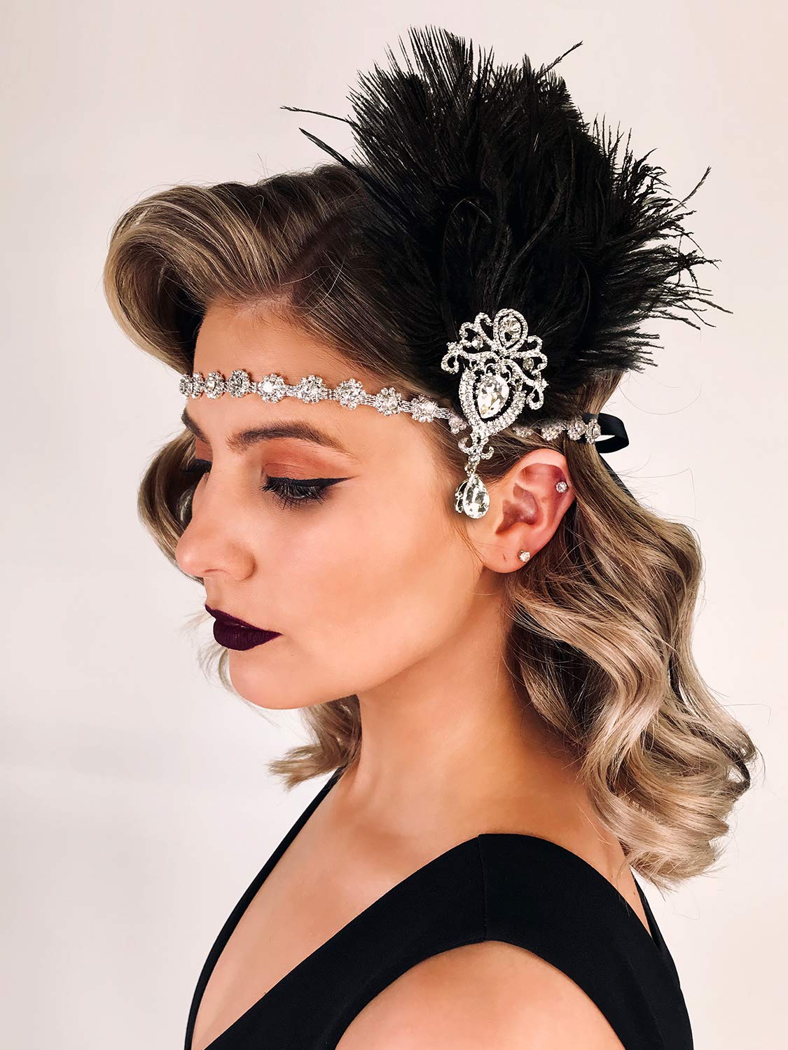 SWEETV 1920s Feather Headpiece Black, Womens Ostrich Feather Crystal Headband, Great Gatsby Hair Accessories for Women, Ribbon Tie