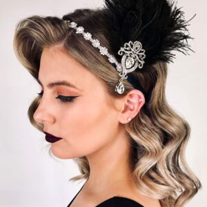 SWEETV 1920s Feather Headpiece Black, Womens Ostrich Feather Crystal Headband, Great Gatsby Hair Accessories for Women, Ribbon Tie