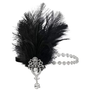 SWEETV 1920s Feather Headpiece Black, Womens Ostrich Feather Crystal Headband, Great Gatsby Hair Accessories for Women, Ribbon Tie