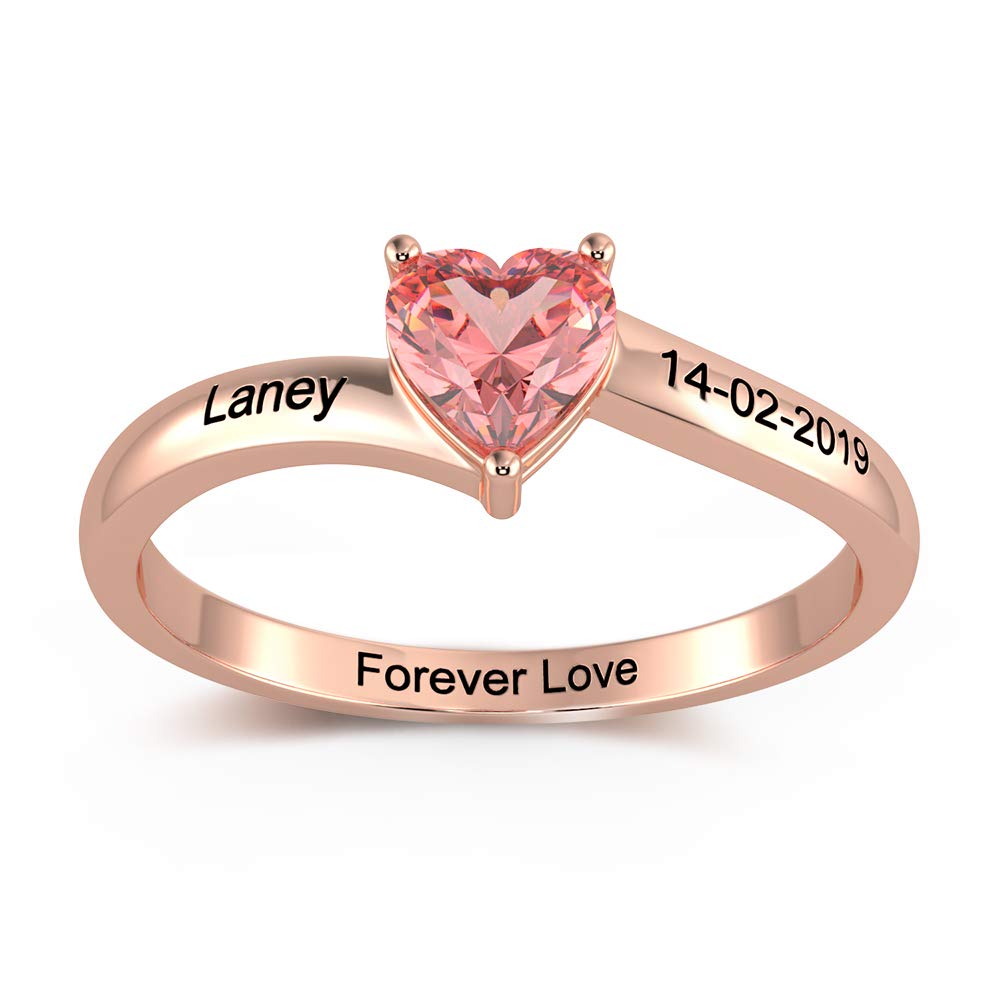 Ashleymade Personalized Promise Rings for Her Heart Simulated Birthstone Rings with Name Couple Rings Engagement Rings Jewelry for Valentines Day (Rose Gold, 9)