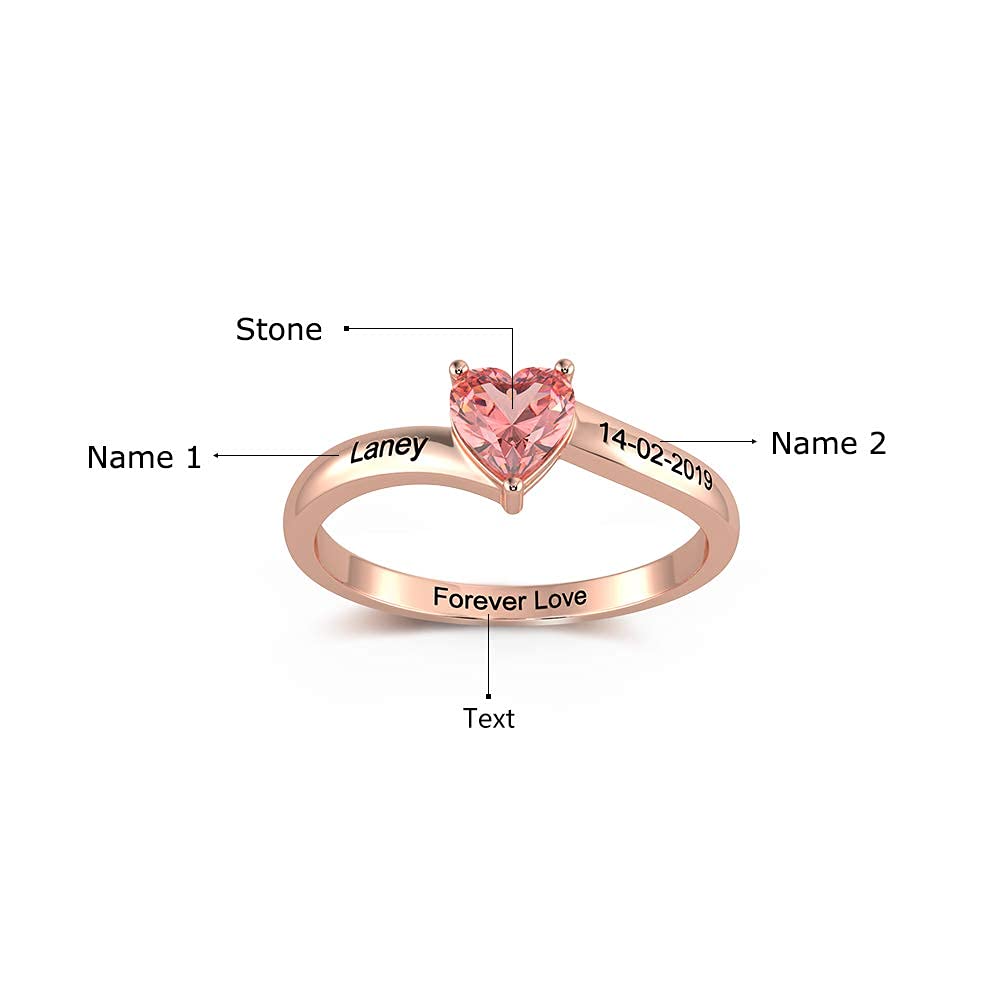 Ashleymade Personalized Promise Rings for Her Heart Simulated Birthstone Rings with Name Couple Rings Engagement Rings Jewelry for Valentines Day (Rose Gold, 9)