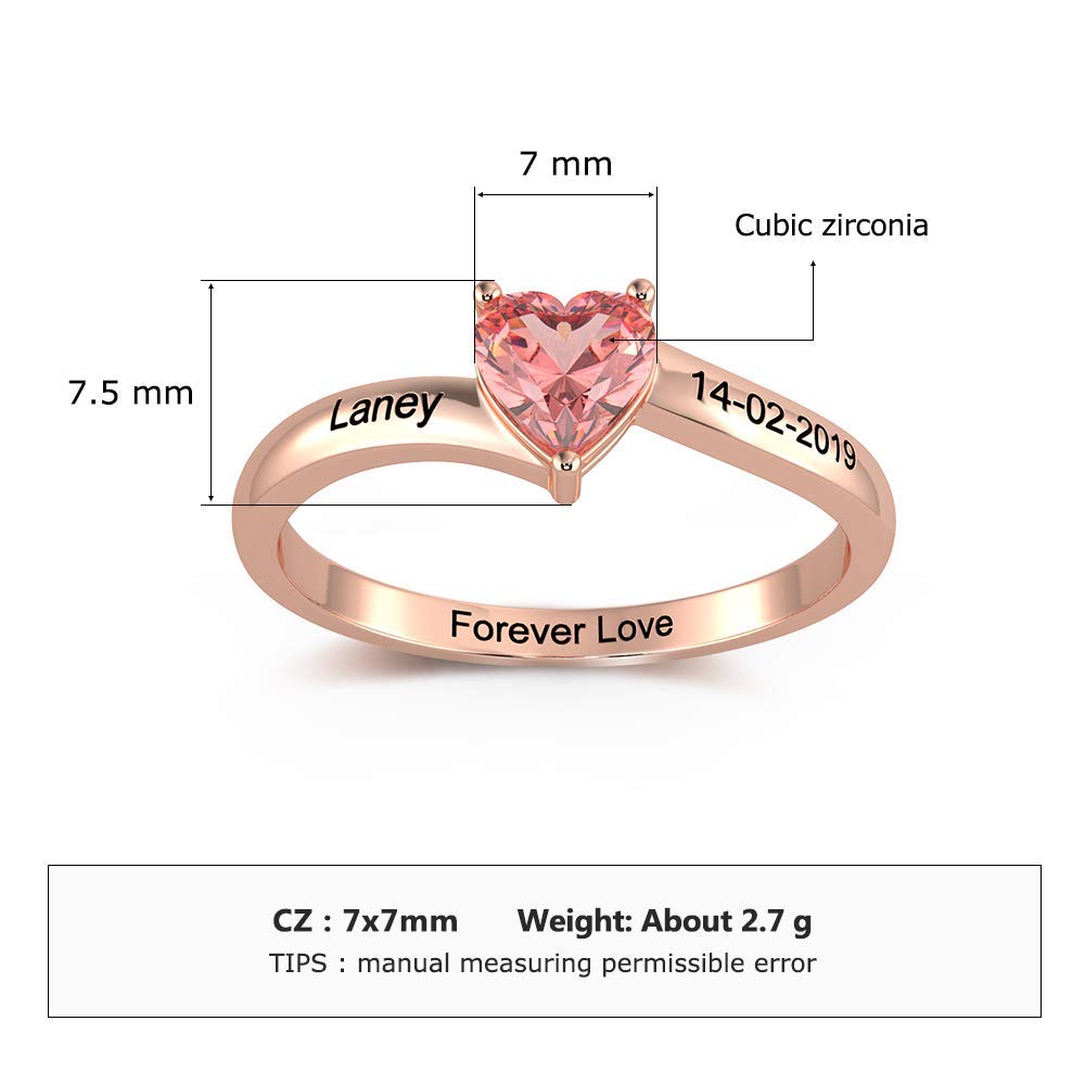 Ashleymade Personalized Promise Rings for Her Heart Simulated Birthstone Rings with Name Couple Rings Engagement Rings Jewelry for Valentines Day (Rose Gold, 9)