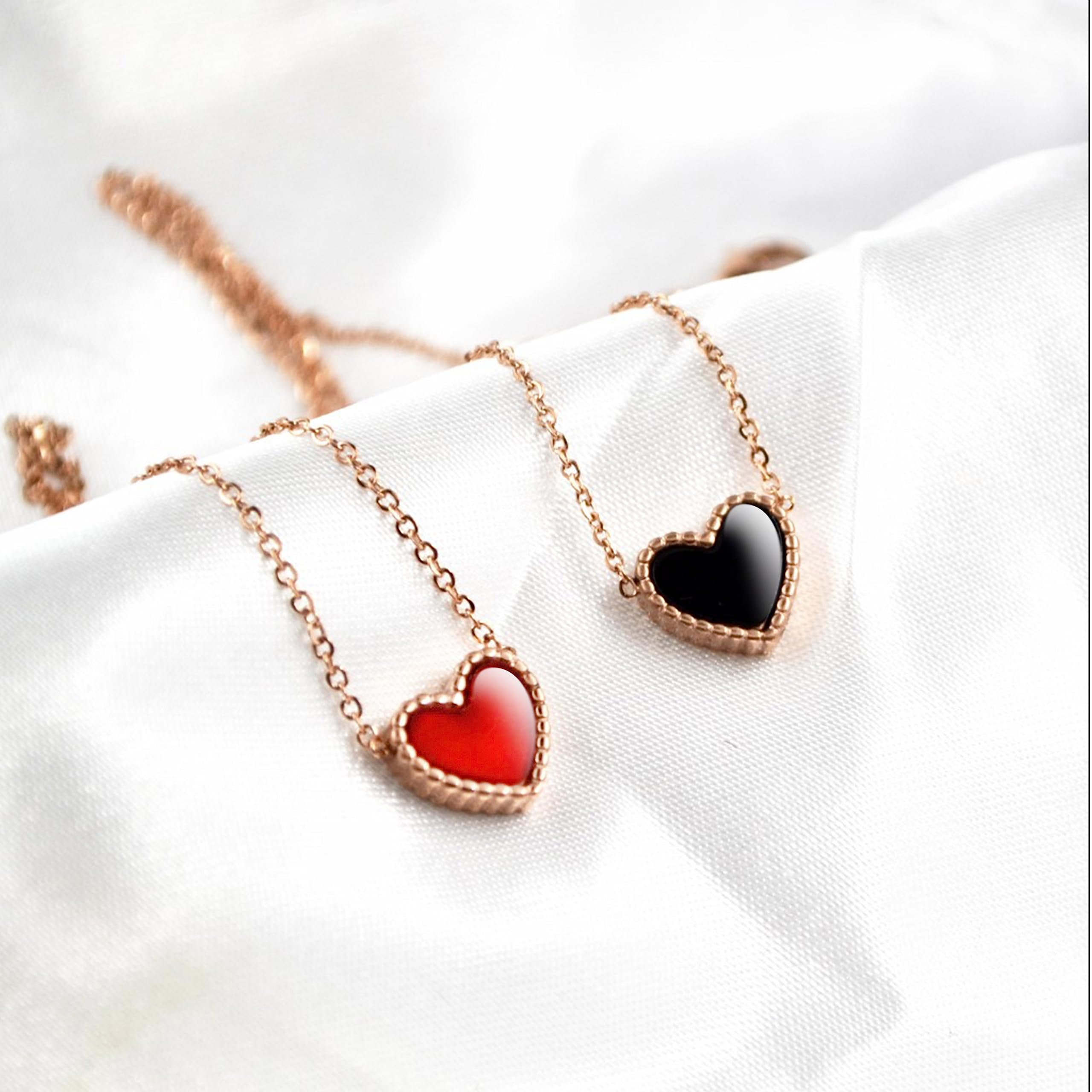 KristLand - Women 18k Gold Plated Simple Design Cute Minimalist Tiny Heart Necklace Opal Pendant Sparkling Dainty Necklace Jewelry Rose Gold Red and Black