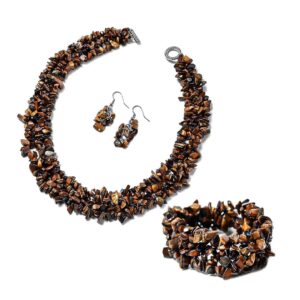 shop lc tigers eye gemstone chips necklace, earrings & bracelet set - cluster stainless steel jewelry for women - boho beach healing crystal jewelry - necklace length 18" - stretchable bracelet