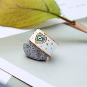 AILUOR Fashion White Enamel Evil Eye Ring, Inspirational Turkish Hamsa Crystal Love Heart Eye Charm Protection Rings for Women Size 7 (White)