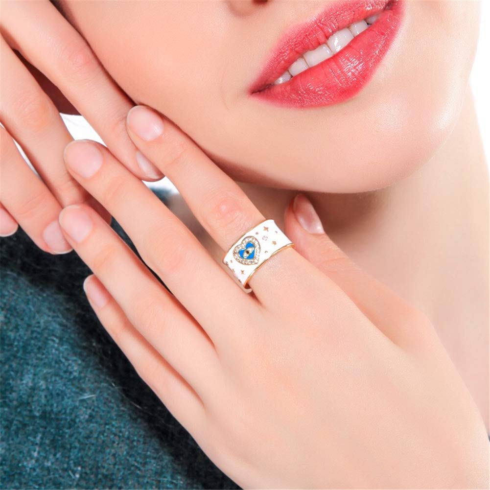 AILUOR Fashion White Enamel Evil Eye Ring, Inspirational Turkish Hamsa Crystal Love Heart Eye Charm Protection Rings for Women Size 7 (White)